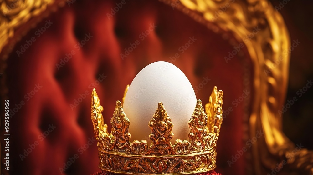 A throne featuring a broken egg placed prominently on the seat. The ...