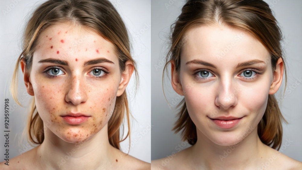 Before and after comparison of a young woman's skin, showcasing ...