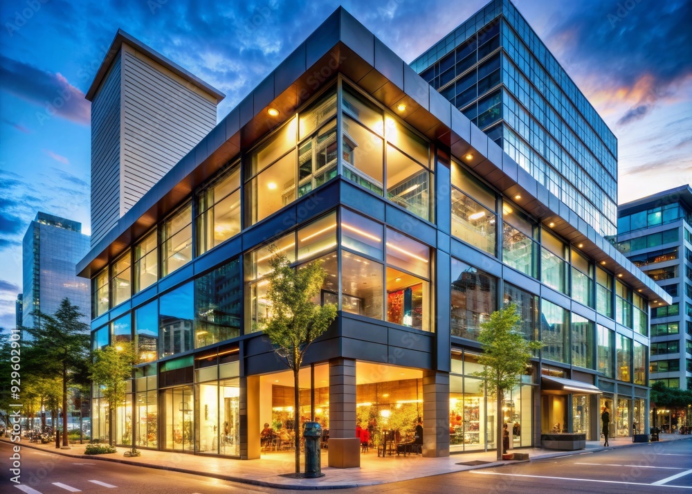 Modern commercial building with sleek glass facade and neon signage ...