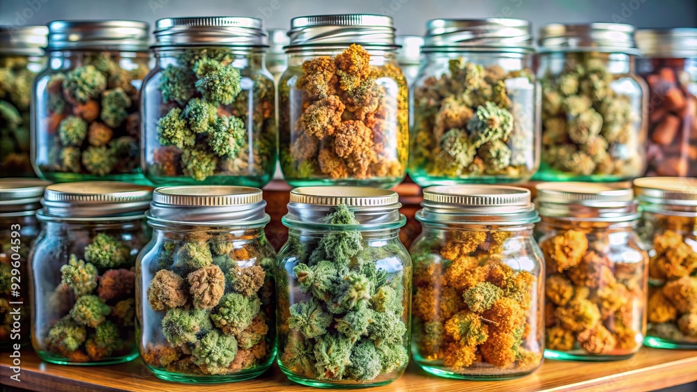 Colorful cannabis buds of various strains are carefully stored in ...