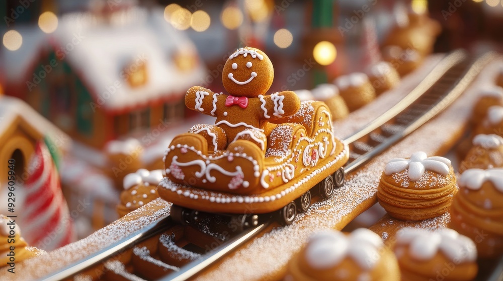 Gingerbread man riding a roller coaster built from pastries and cookies ...