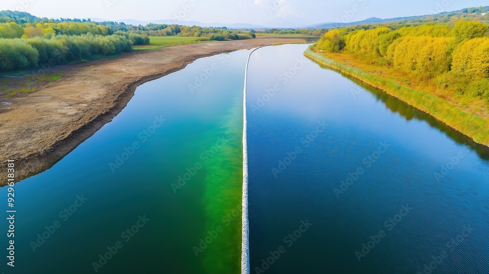 Aerial view of a polluted river being divided by a clean water barrier ...