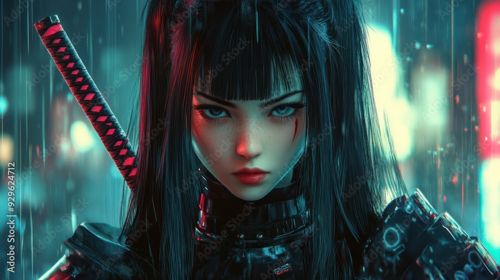 Female samurai ninja asian cyberpunk anime style assassin cute face ...