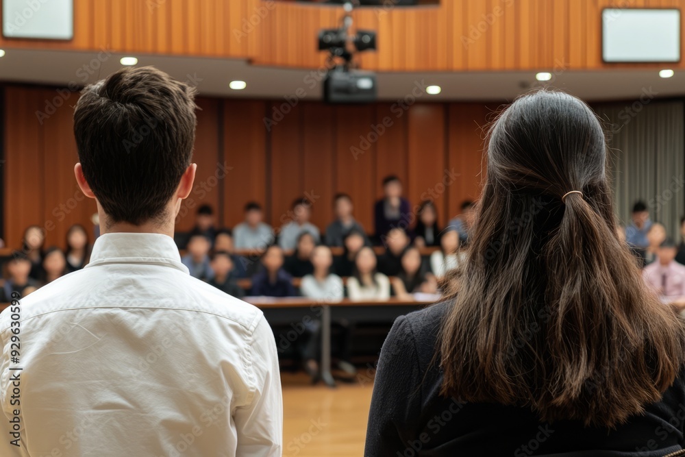 Students participating in a debate competition during a school assembly ...