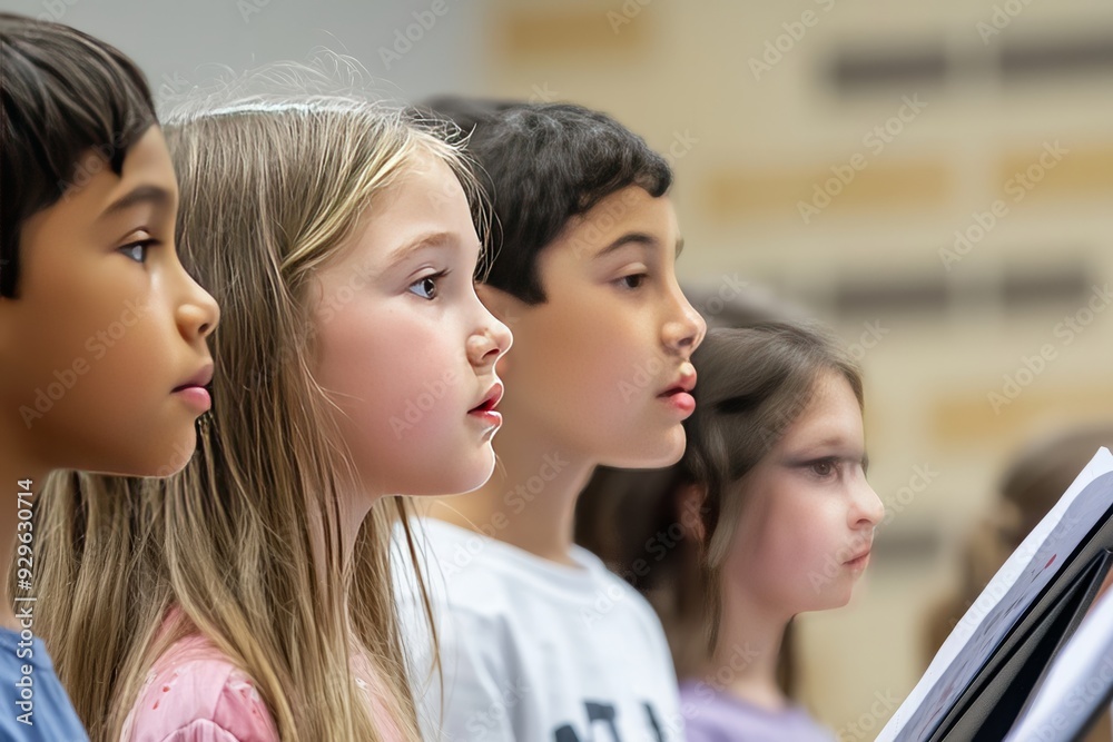 Students performing a musical number on stage during a school assembly ...