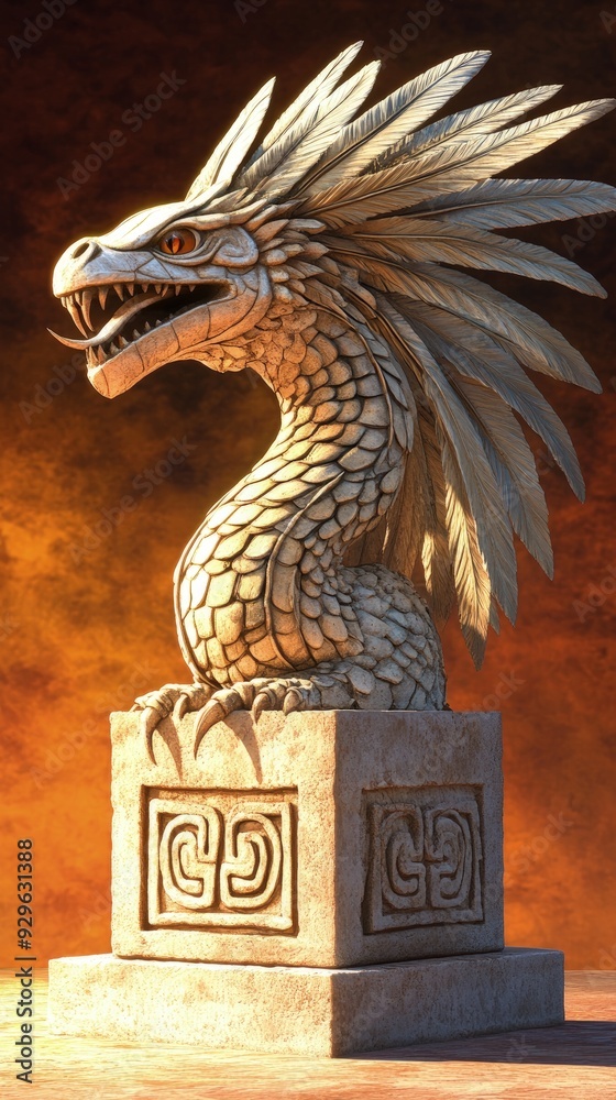Aztec feathered serpent sculpture, representing Quetzalcoatl, in a ...