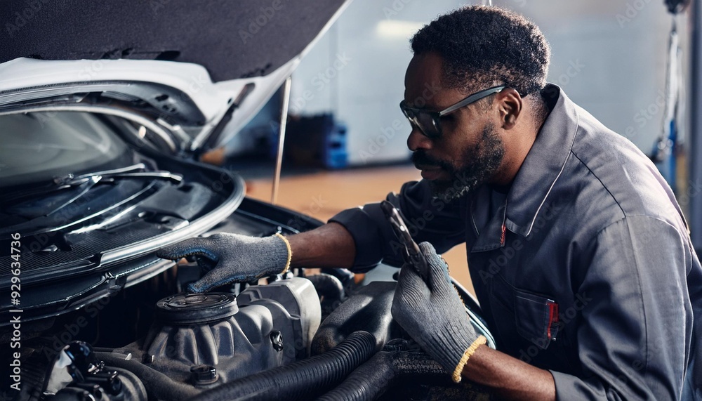 A black car mechanic working inside the engine bay and changing the car ...