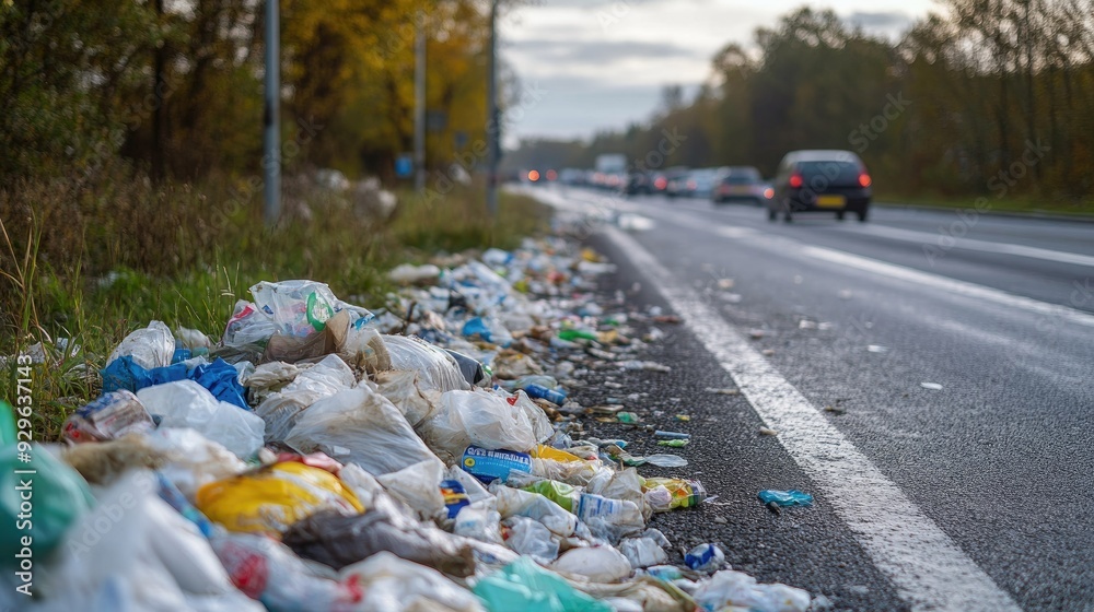 Trash-strewn highway with plastic bags and fast-food wrappers ...