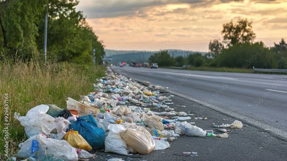 Trash-strewn highway with plastic bags and fast-food wrappers ...