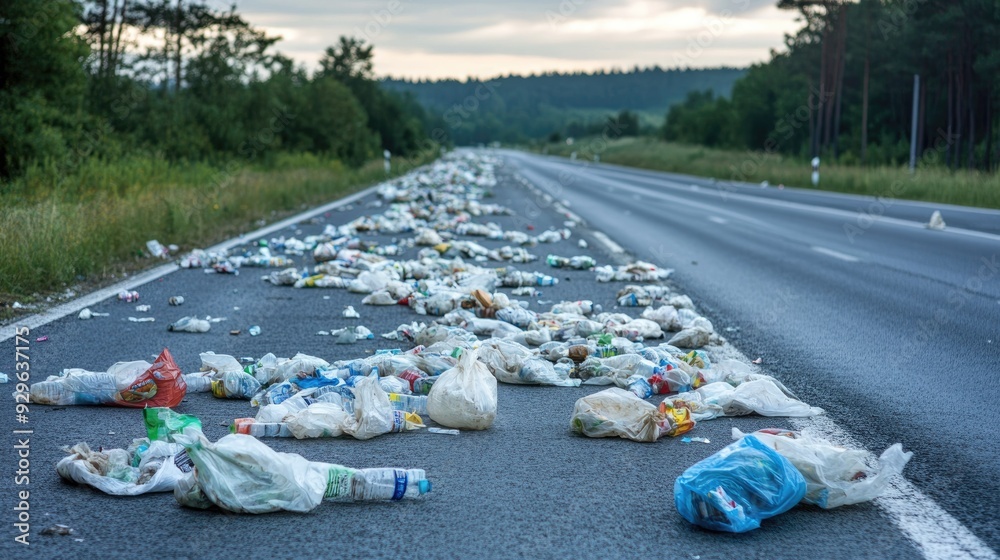 Trash-strewn highway with plastic bags and fast-food wrappers ...