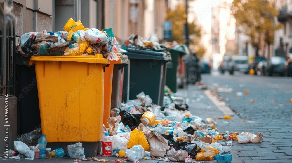 Urban street corner with overflowing trash bins and litter ...
