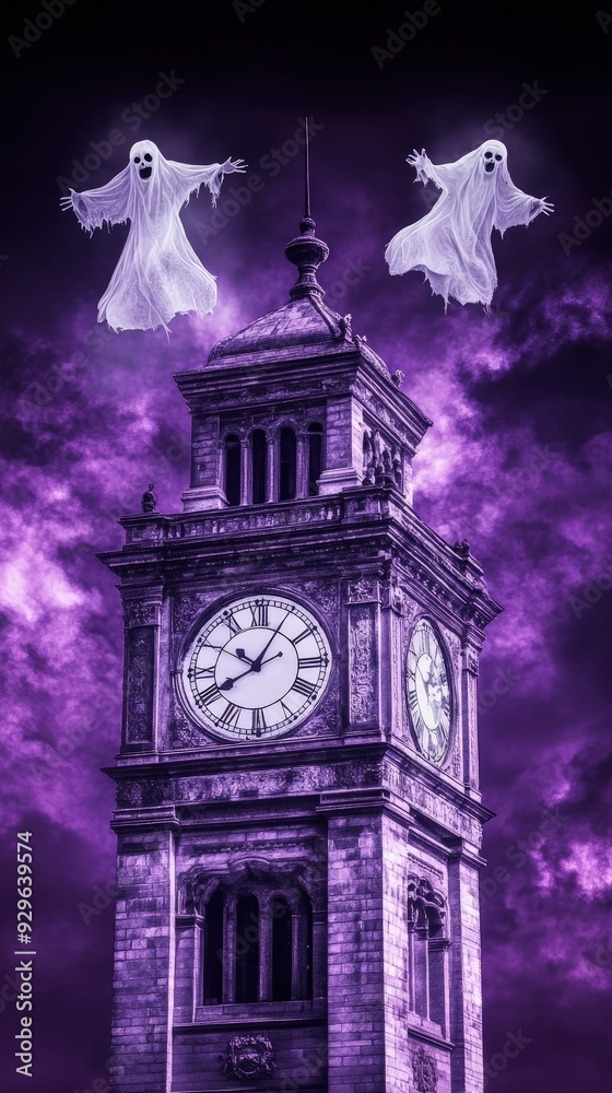 Haunted clock tower, with ghostly figures, under a stormy night sky ...
