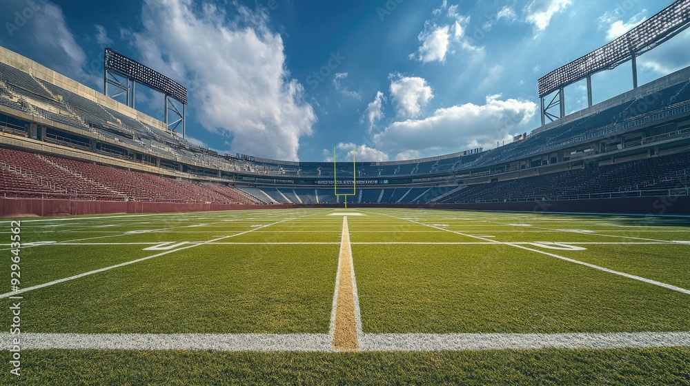 Empty football stadium captured from the center of the field, showing ...