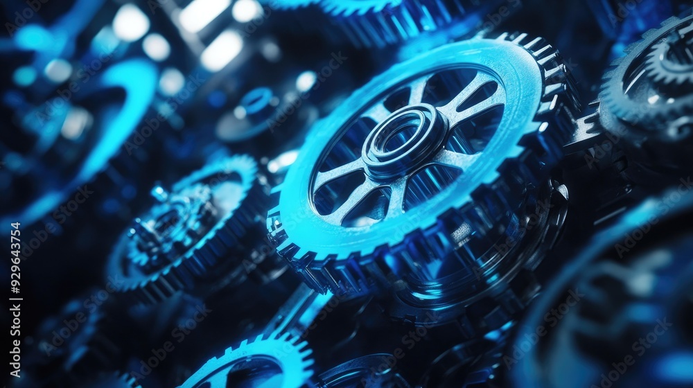 High-tech background featuring blue gears, with light effects ...