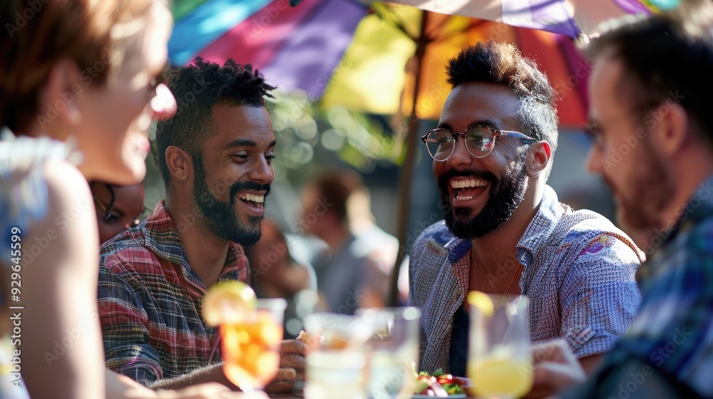 LGBTQ worker enjoying a casual lunch with coworkers, outdoor cafÃ ...