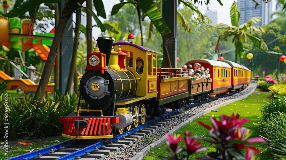 Miniature train ride in amusement park with children on board. Colorful ...