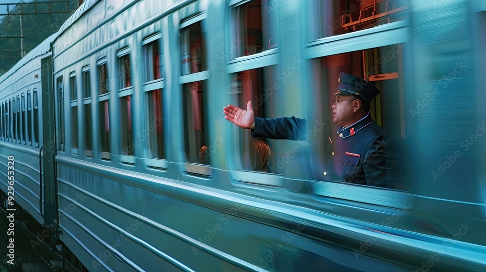 Railway conductor in uniform touching the side of a train at a station ...