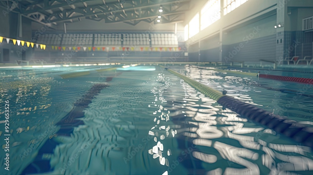 Empty indoor swimming pool with unique modern architectural ceiling ...