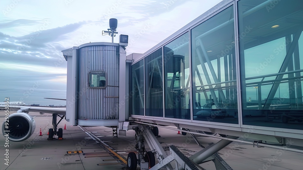 Commercial airplane docked at a jet bridge at an airport terminal under ...