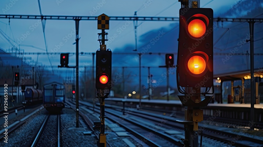Railway workers in orange uniforms inspecting tracks at a busy train ...