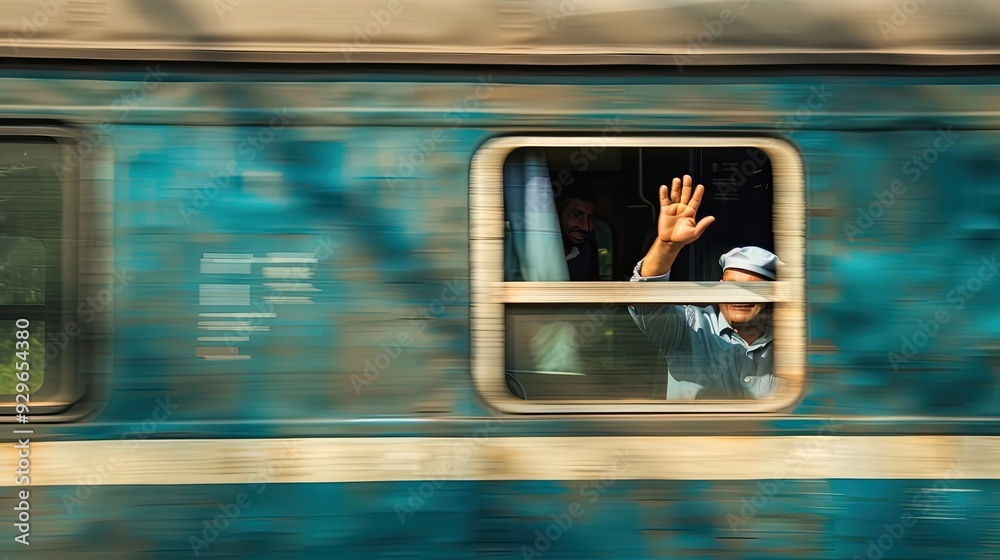 Railway conductor in uniform touching the side of a train at a station ...