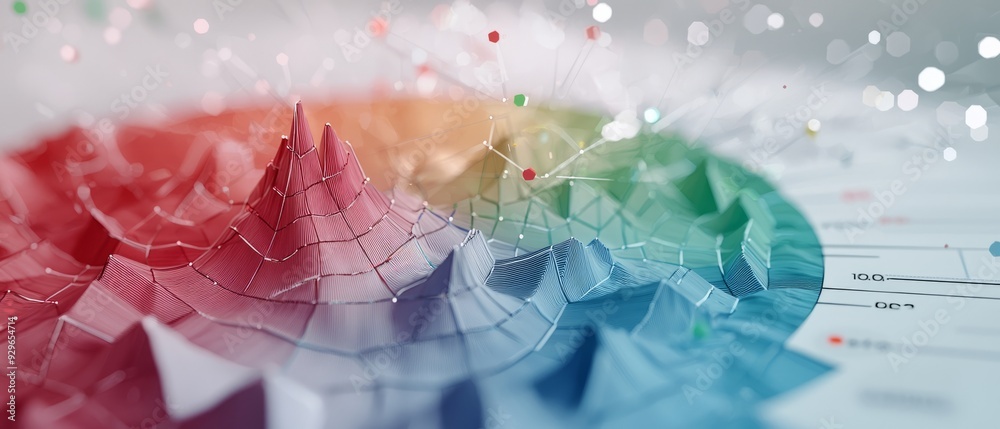 3D radar chart with multiple axes and distinct data regions, background ...