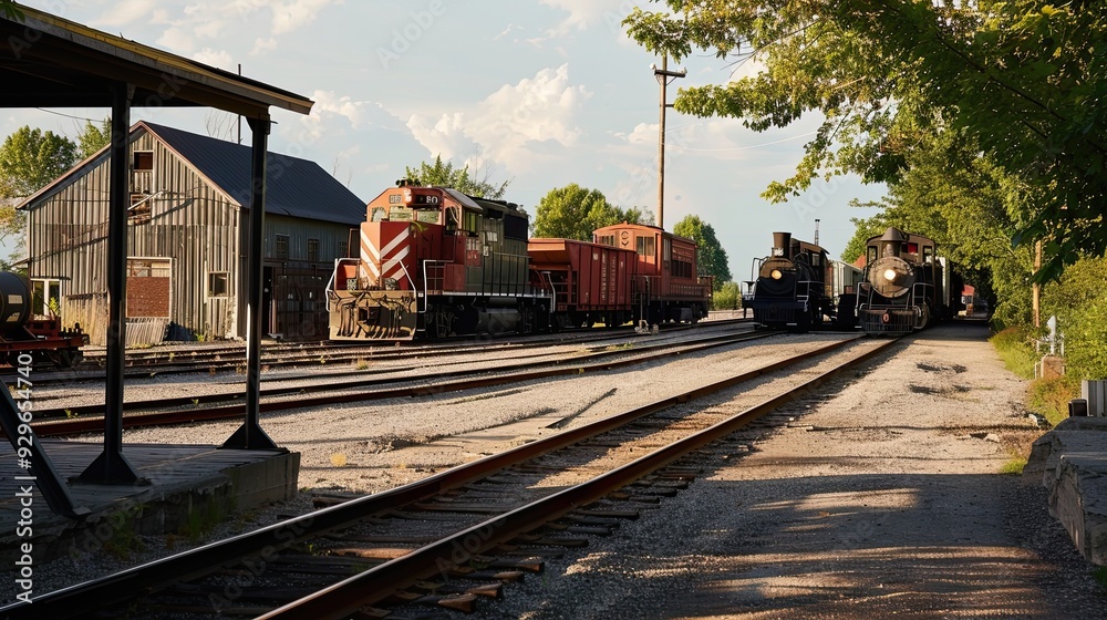 Interior view of a large train station with multiple vintage steam ...