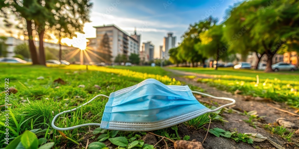 Discarded face mask littering urban green space, symbolizing the harsh ...