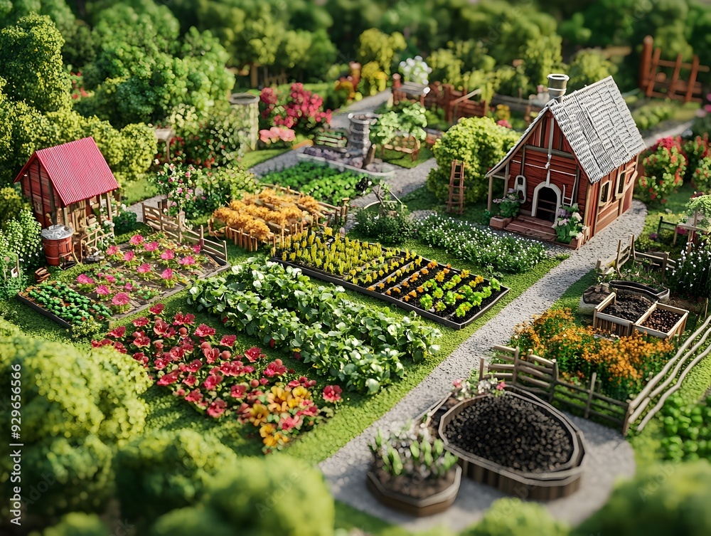 Detailed 3D model showcasing a small scale organic farm with rotating ...