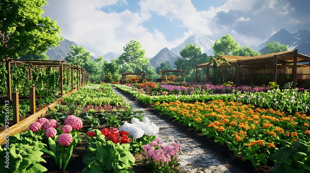 Lush and Colorful 3D Render of an Organic Farm with Intercropping of ...