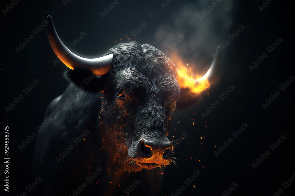 Fierce bull with flames snorting out, silhouetted against a black ...