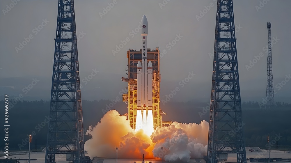 Powerful rocket launch illuminates launch pad as it lifts off between ...