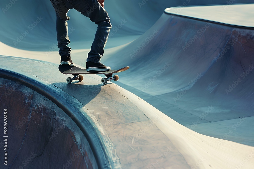 Skateboarder doing a kickflip in a skatepark in a low angle shot with ...