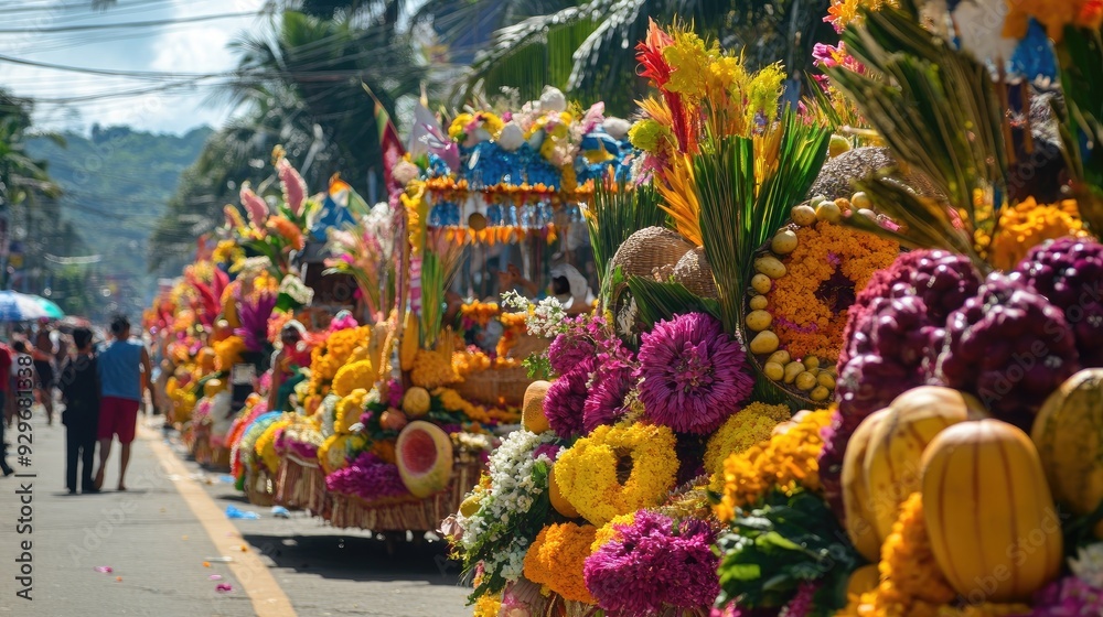 Rows of floats festooned with flowers and fruits at the Kadayawan ...