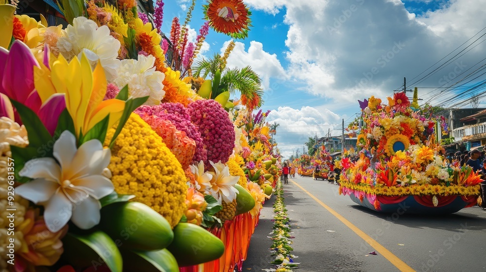 Rows of floats festooned with flowers and fruits at the Kadayawan ...