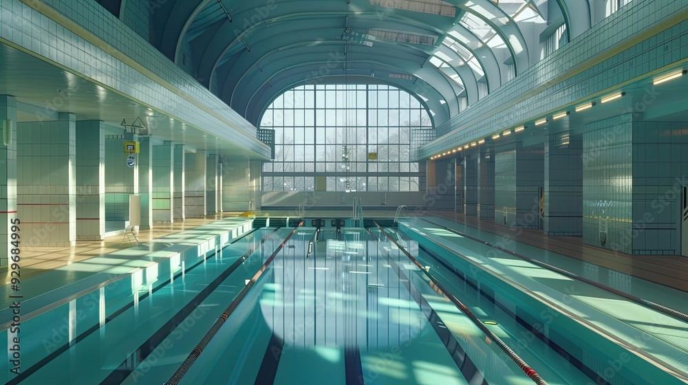 Empty indoor swimming pool with unique modern architectural ceiling ...