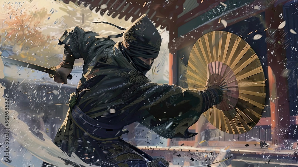 Two ninjas engaged in a fierce sword fight in a bamboo forest. Intense ...