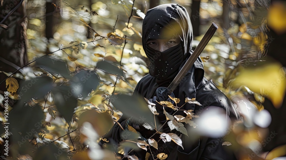 Camouflaged soldier hiding in the foliage during a military operation. Concealed position with ...