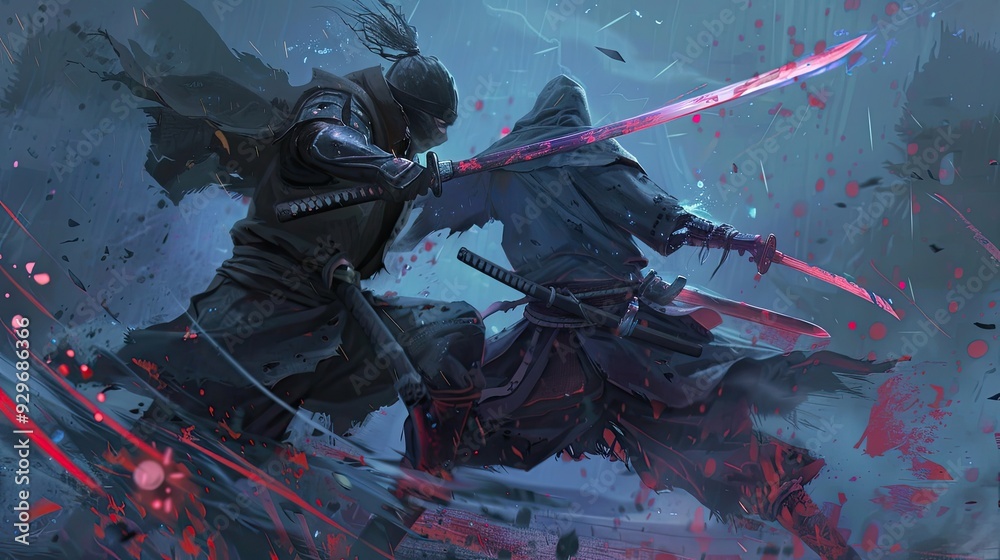 Two ninjas engaged in a fierce sword battle under the moonlight. Dramatic fight scene with ...