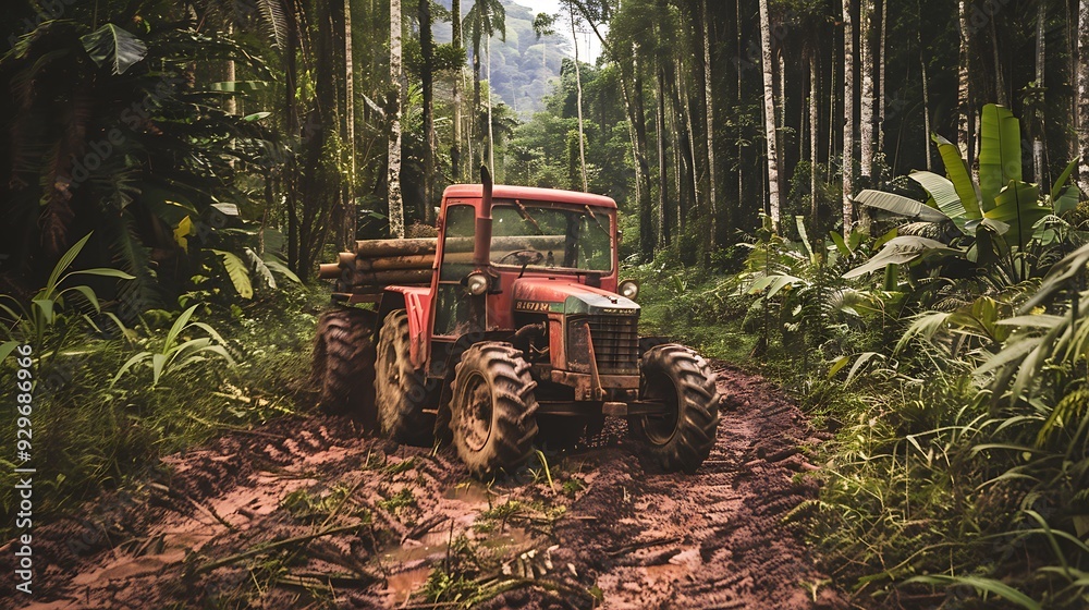 A little tractor makes its way through a jungle hauling logs and left a ...