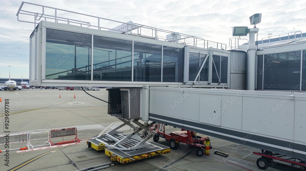 Commercial airplane docked at a jet bridge at an airport terminal under ...