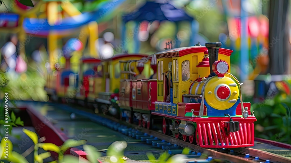 Miniature train ride in amusement park with children on board. Colorful ...