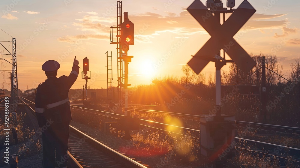 Railway conductor directing an oncoming train on tracks at a railroad crossing in a rural area ...