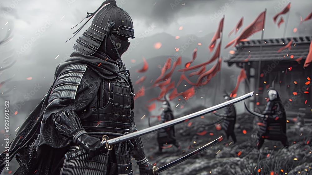 Hooded ninja standing in front of traditional temple with sword ...