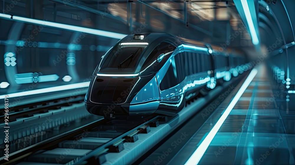 Futuristic subway train arriving at modern underground station. Sleek ...