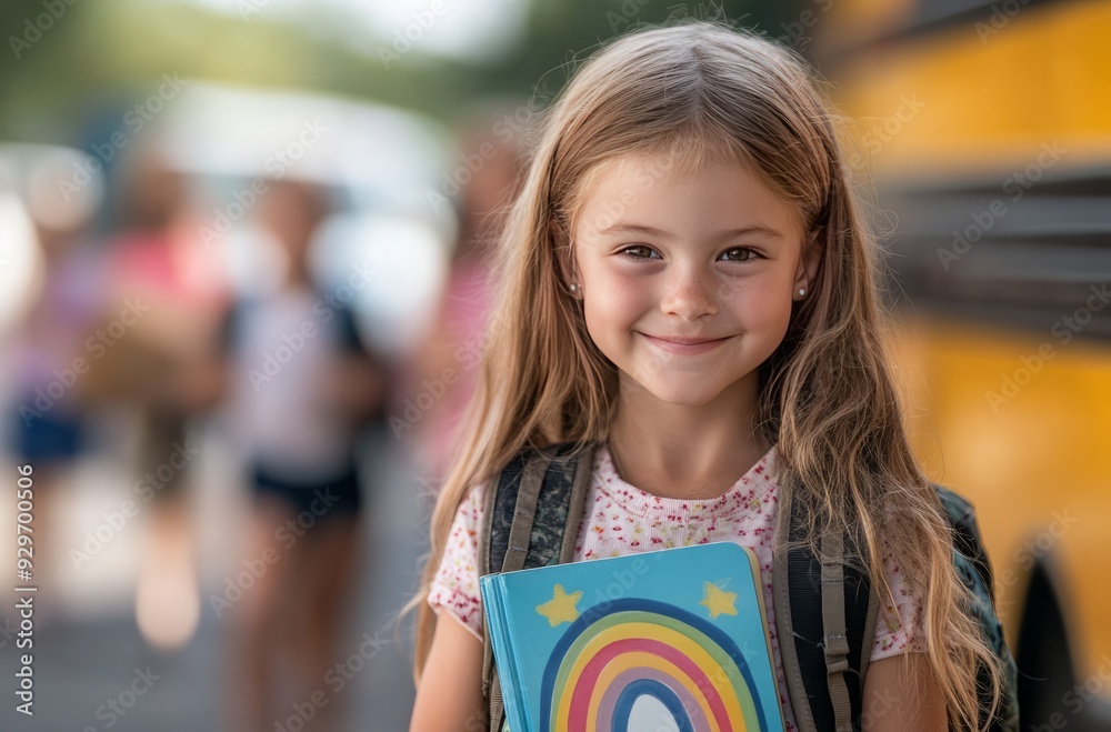 Back to School Theme. Happy Funny little caucasian girl is smiling and ...