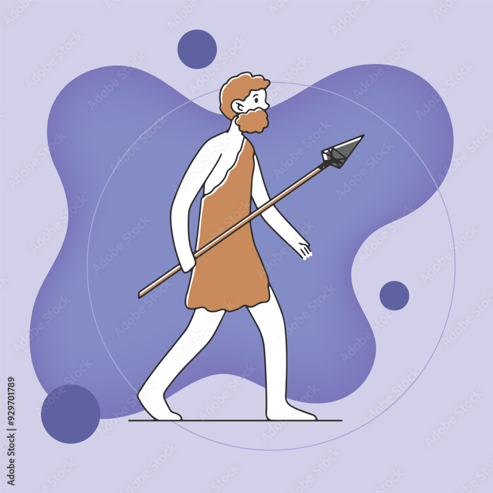 Homo sapiens with ancient spear flat vector illustration. Side view ...
