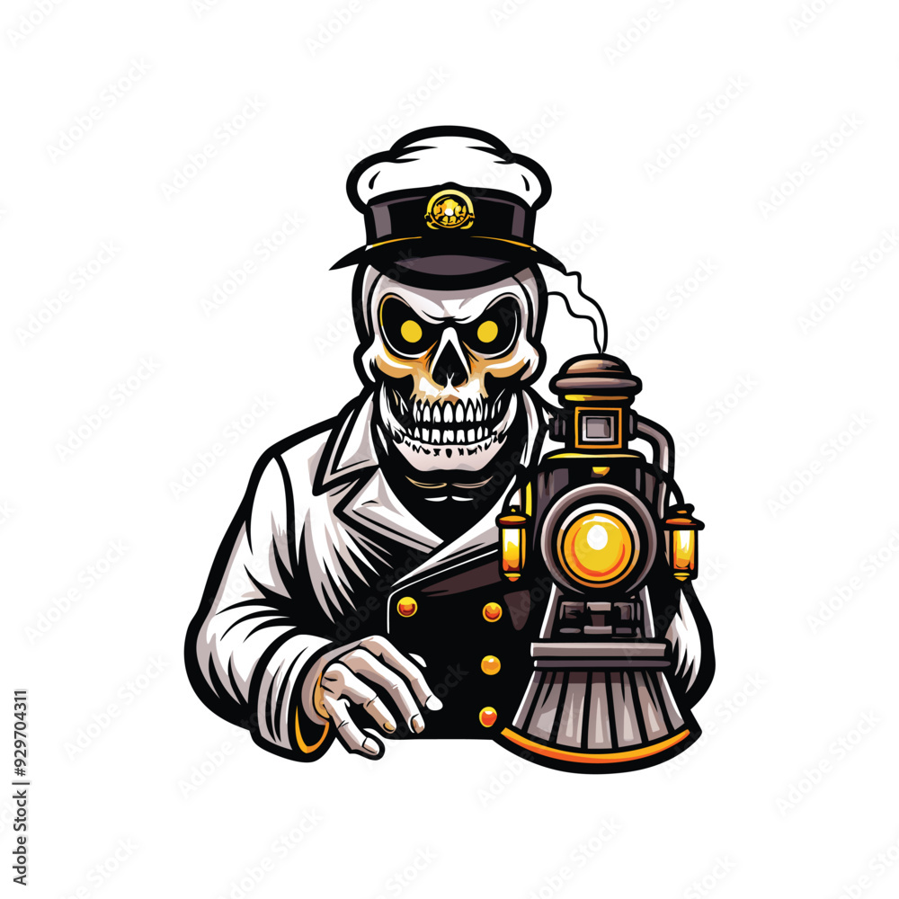 A spectral train conductor monster with a skeletal face, wearing a ...