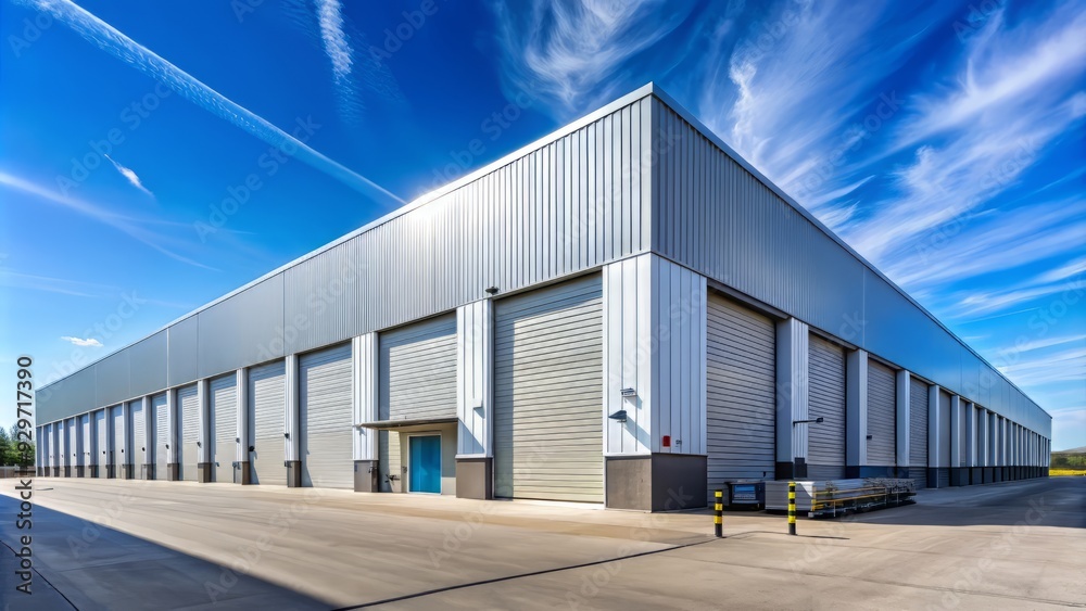 Large industrial warehouse buildings with corrugated metal walls and ...