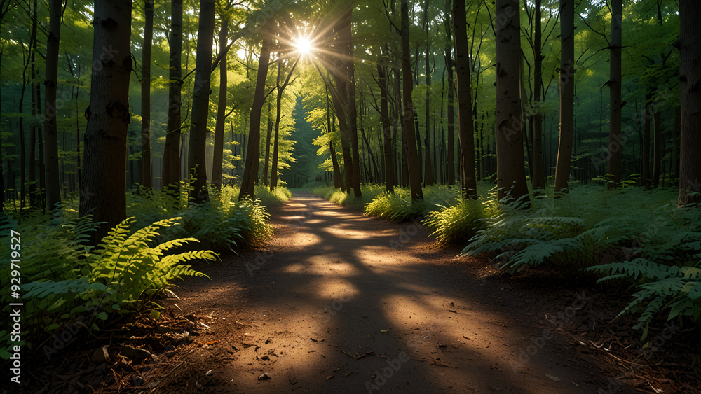 A peaceful forest path lined with tall, sun-dappled trees, with beams ...